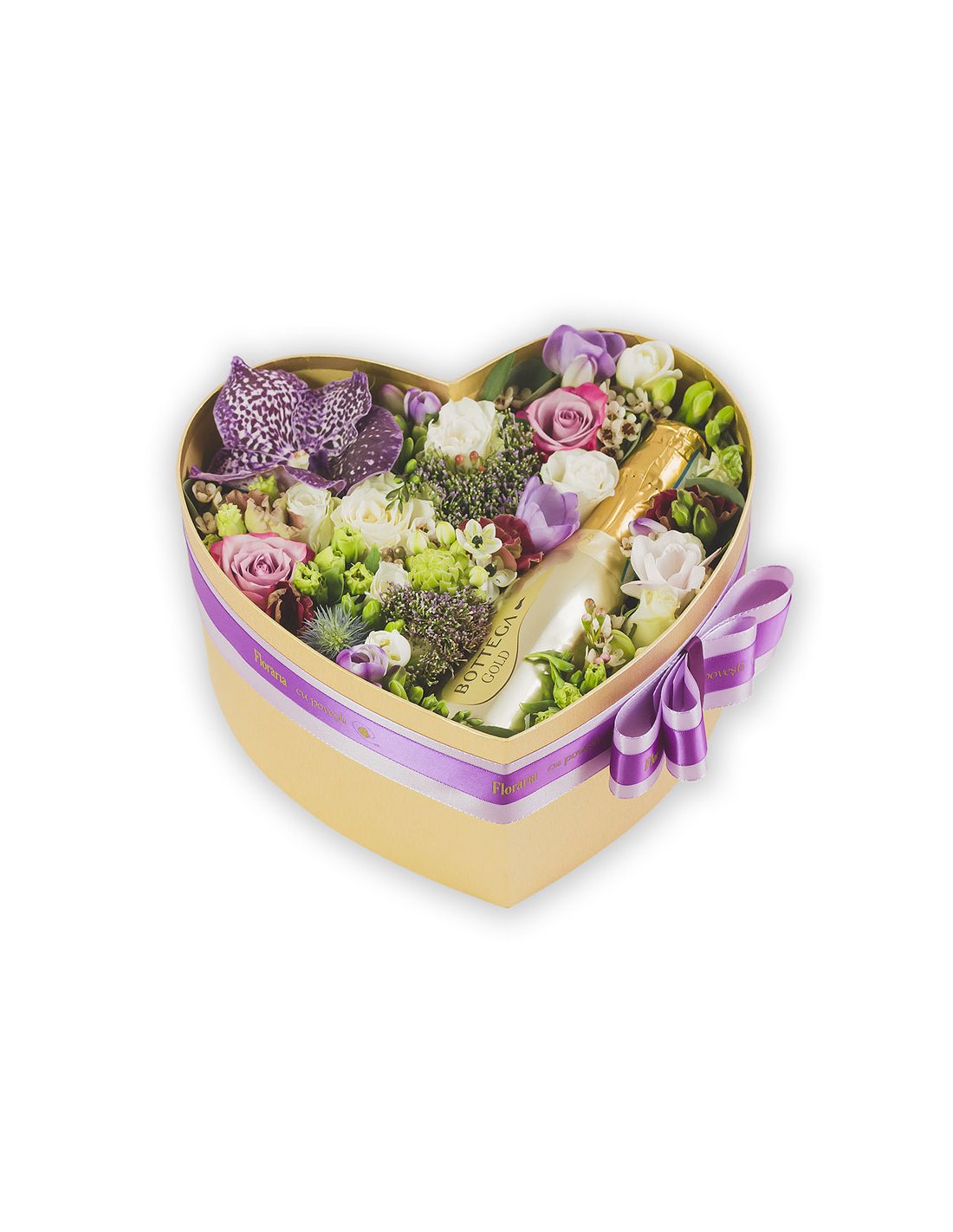 Cutie in forma de inima cu trandafiri mov si vin spumant mini Bottega